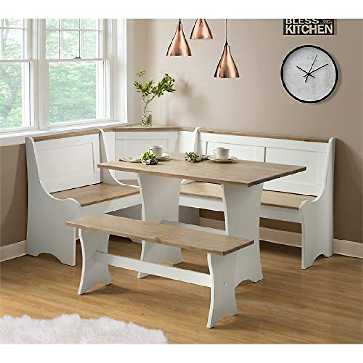 Linon Jackie Pine Wood 3 Piece Patio Conversation Indoor Kitchen Breakfast Table Booth Bench Corner Dining Nook Set in Antique White
