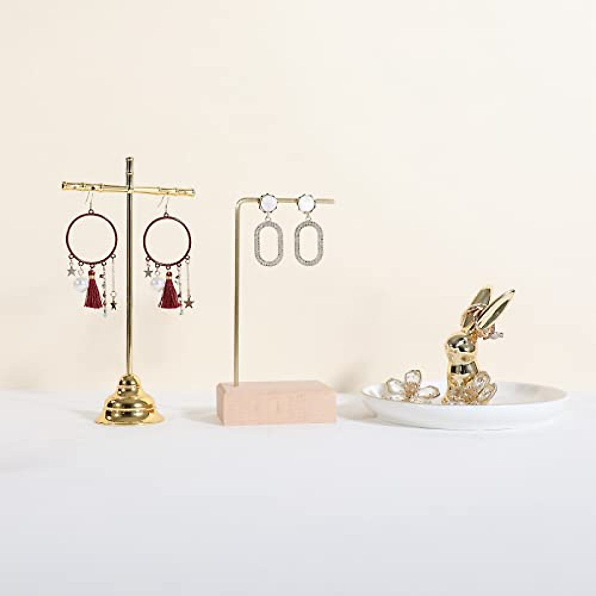 GemeShou brass earring display stands for selling, wooden ear ring holders for jewelry, single stud holder jewelry display【Brass earring stand Height-Beech】