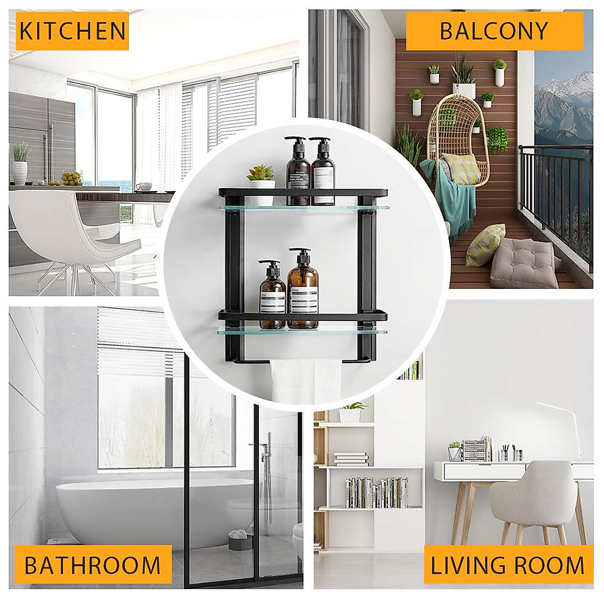 BESy Heavy Duty Lavatory Glass Bathroom Shelf, 2 Tier Tempered Glass Shower Shelves with Towel Bar Wall Mounted, Shower Storage 15 by 5 inches, Matte Black Finish/Aluminum