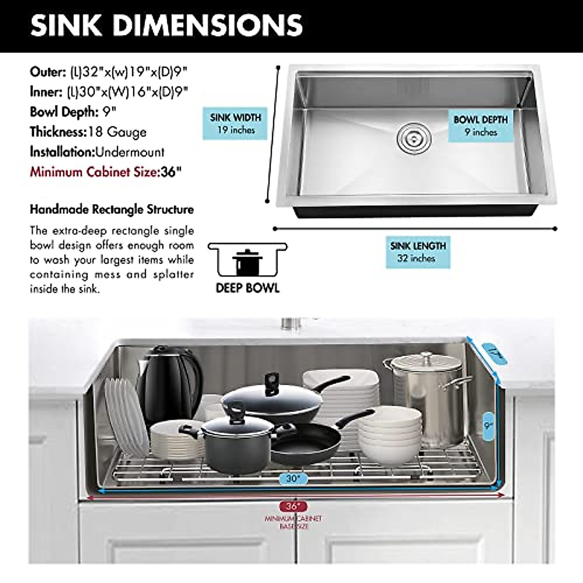 ATTOP Undermount Workstation Kitchen Sink With Faucet,32 Inch Undermount Kitchen Sink Stainless Steel Single Bowl Workstation Sink