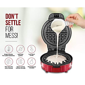 Chefman Anti-Overflow Belgian Waffle Maker w/Shade Selector, Temperature Control Mess Free Moat, Round Iron w/Nonstick Plates & Cool Touch Handle, Measuring Cup Included, Red