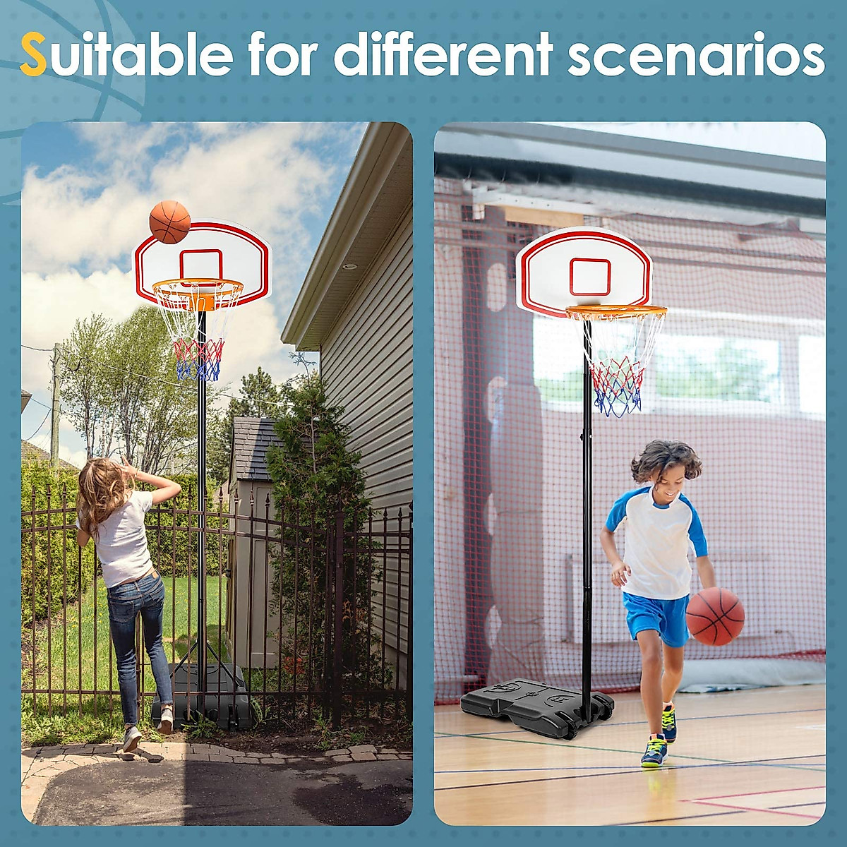 Portable Basketball Hoop, Adjustable Height, 28 inches Backboard Free Standing System w/Wheels Outdoor Indoor Basketball Training for Teenager, Black