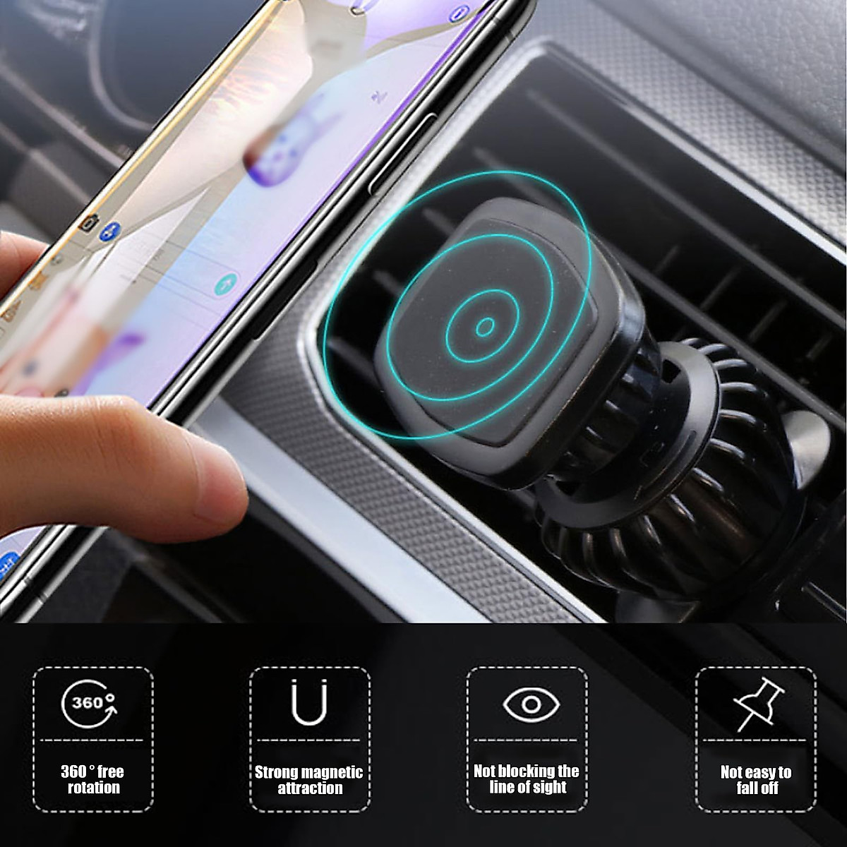 gunhunt 1 PC Snap-on Car Phone Holder, 2.36" x 1.57" 360° Rotating Air Outlet Multifunctional Navigation Bracket, Suitable for Conventional Horizontal Air Outlets Such as Horizontal/Vertical (Black)