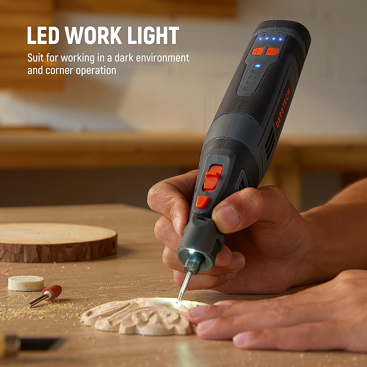 DEPSTECH Cordless Rotary Tool Kit, 8V 2.5Ah Larger Battery, 5-Speed 30000RPM Max, LED Work Light, Power Multi Tool 47Pcs Enduring Accessories Set for Carving, Polishing, Sanding, Drilling, DIY Crafts