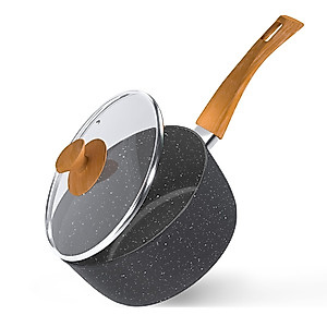 SUPEER 2-Quart Pot with Glass Lid&Wooden Handle,Soup Pan Milk Pan,Non-Stick Cookware for Electric,Induction and Gas Stoves.PFOA Free,Dark Gray