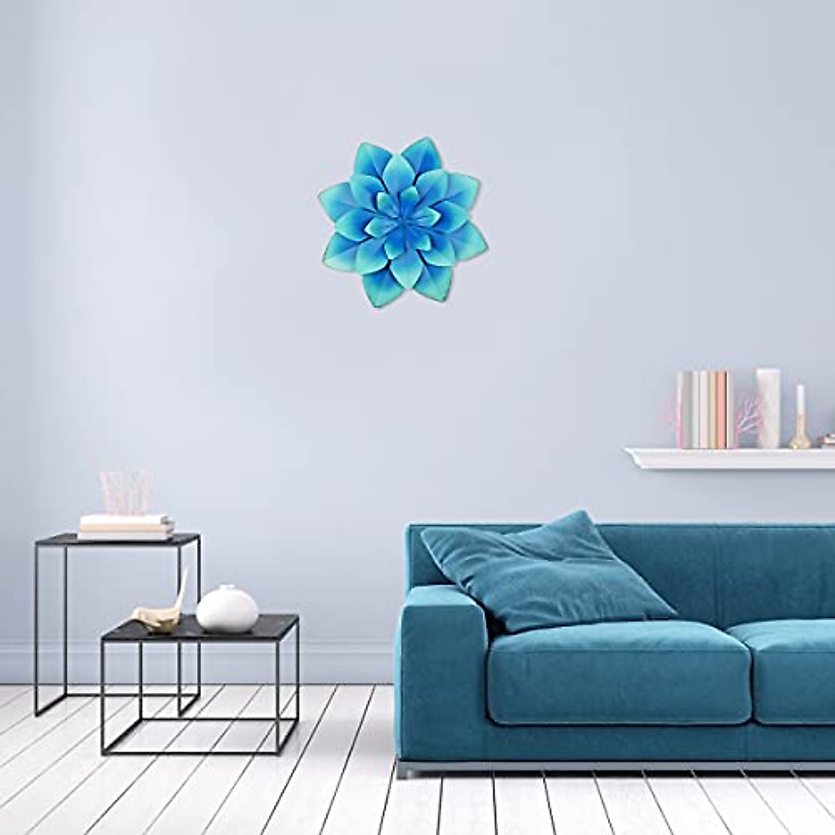 YIYA 13" Metal Flower Wall Decor Multiple Layer Flower Wall Art Wall Art Decorations Hanging for Balcony Patio Porch Bedroom Living Room Garden (Sky Blue)
