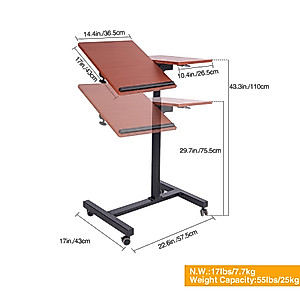 ALUPOM Rolling Laptop Stand Desk,Height & Angle Adjustable Mobile Table Workstation with Locking Wheels for Office Home Couch, 24.8"(L) x17(W)