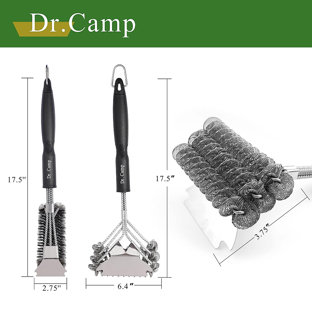 Dr.Camp 2 PCS Stainless Steel BBQ Grill Brush,BBQ Brush,Grill Scraper, Grill Brush for Outdoot,Grill Cleaning Brush, Barbecue Tool Set with Big Handle for Outdoor Grill