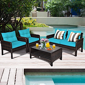 Tangkula 4 Piece Patio Furniture Set, Outdoor Wicker Conversation Set with Glass Top Coffee Table, All Weather Proof and Thick Cushions, Suitable for Porch, Garden, Poolside and Lawn (Turquoise)