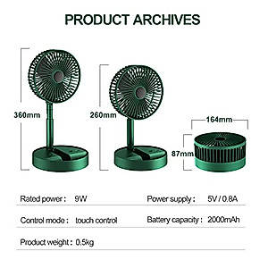 Maelifu Folding Fan Quiet 3- Speed Wind Highly Stretchable Simulated Natural Wind 180 ° Adjustment Battery Powered or USB Powered Home Desk Bedroom Portable Travel Mini Decorative Fan（Green