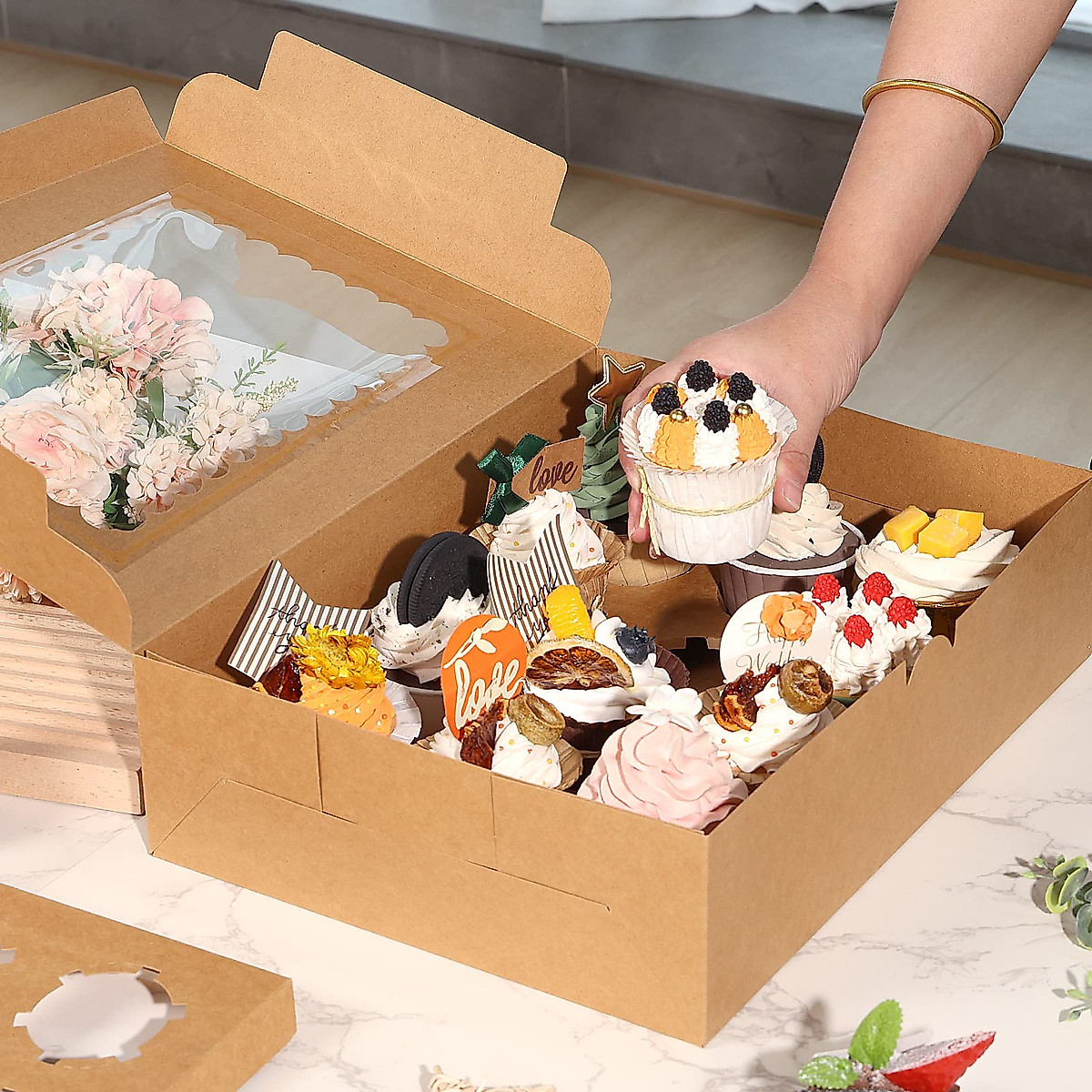 Moretoes 12 Count x 10 Sets Cupcake Carrier Boxes, 13 x 10 x 3.5 Inches, Brown Cupcake Containers Kraft Bakery Carrier Boxes with Windows and Inserts to Hold Cupcakes, Muffins and Pastries