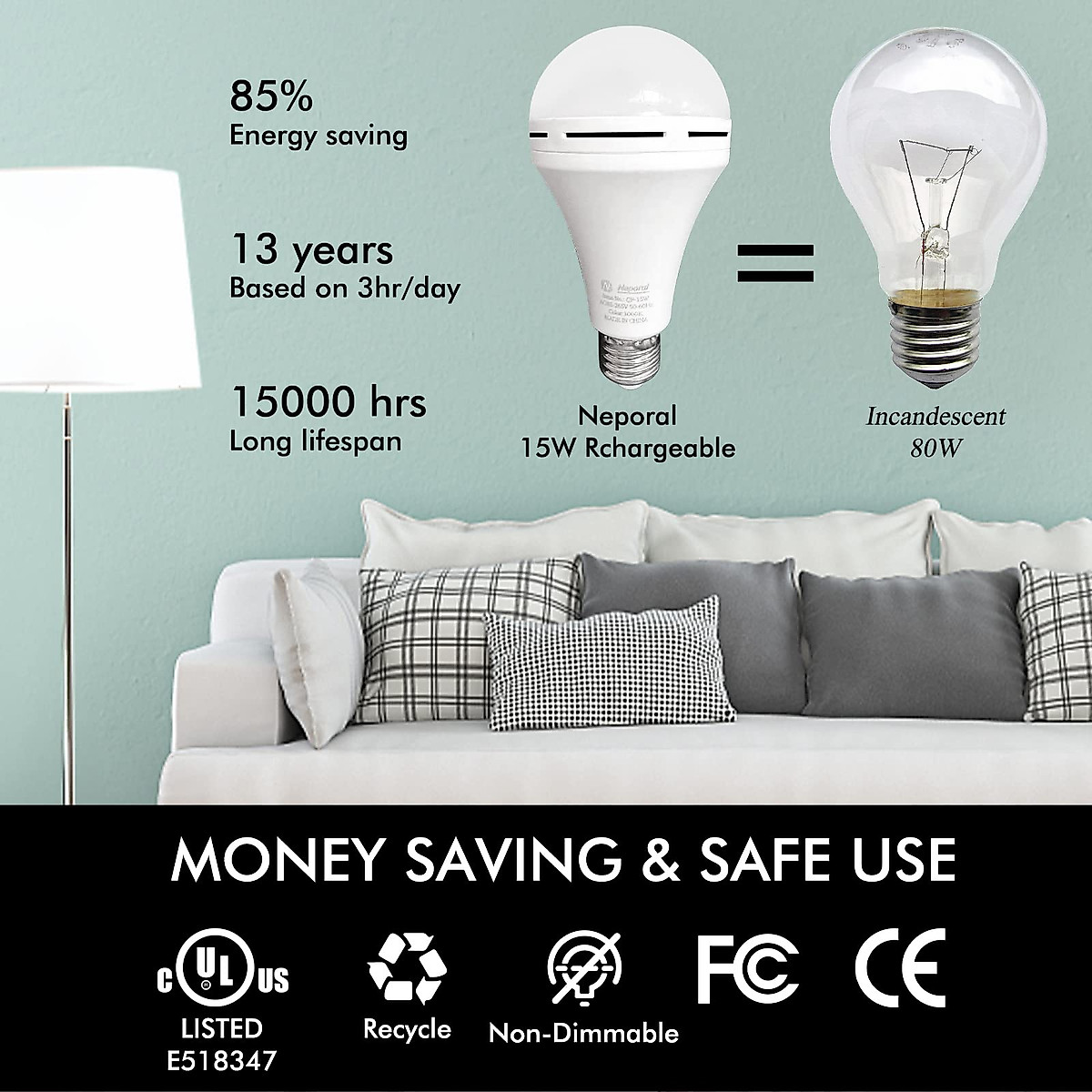 Rechargeable Light Bulbs, Back Up Battery Light Bulbs, 15W 80W Equivalent 6000K 1200mAh Battery Operated Light Bulb for Power Outage Hurricane, Emergency Lights for Home Power Failure, Pack of 4