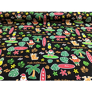 Mele Kalikimaka Hawaiian Christmas Surfing Santa in Black Background Hawaiian Print 100% Cotton Fabric Sold by The Yard