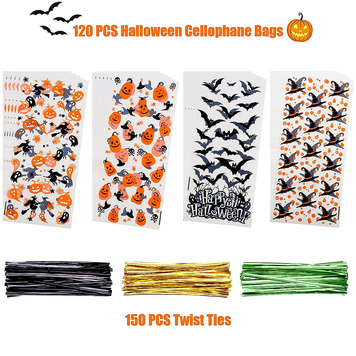 STEFORD Halloween Cellophane Bags,120PCS Halloween Clear Cellophane Candy Gift Treat Bags for Halloween Party Favors Supplies