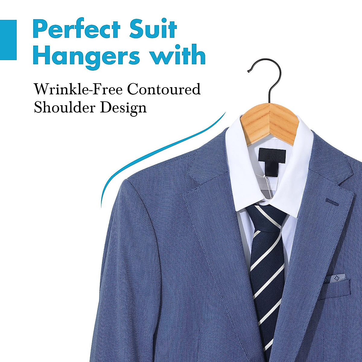 JS HOME Wooden Hangers 30 Pack, Strong Wood Suit Hangers with Extra Smooth Finish, Precisely Cut Notches and 360 Degree Black Swivel Hook, Solid Wooden Clothes Hangers for Shirt Coat Jacket Dress