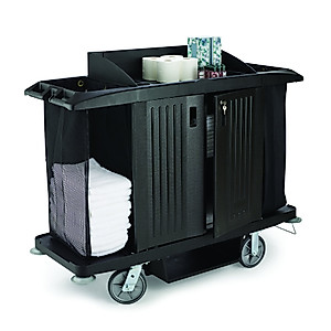 Rubbermaid Commercial Products Housekeeping Cart, Full Size, Black, 3 Shelves, Cleaning Organization and Supplies Storage, Maid Cart for Hotel/Motel/Commercial Facilities