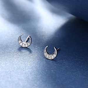 Rnivida 925 Sterling Silver Small Moon Stud Earrings, Silver Cz Crescent Moon Stud Earrings for Women