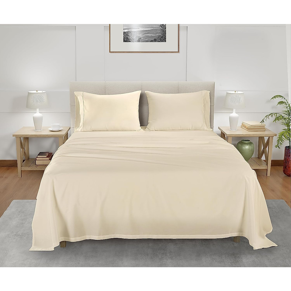 CHATEAU HOME COLLECTION Tencel Eucalyptus Queen Size Sheet Set & Standard Pillows Set of 2 Combo- Ivory Silky Soft Breathable Sheets & White Supportive Soft Pillow Design with Dark Grey Stripes