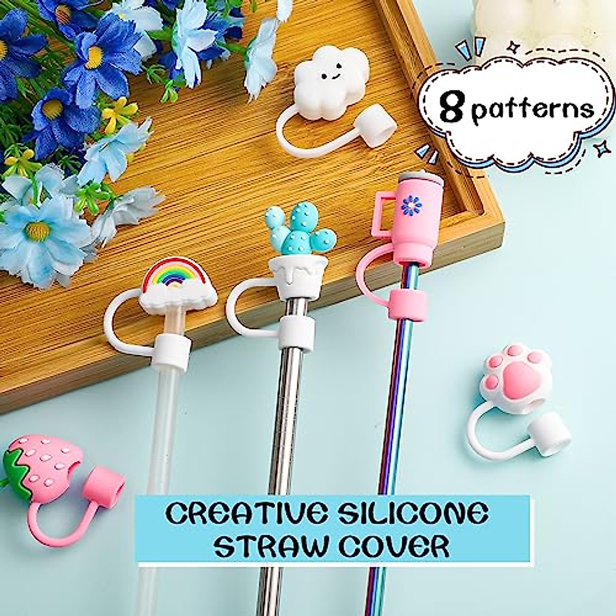 8 PCS Straw Covers Cap, Straw Cover for Stanley 30&40 Oz Tumbler, Reusable Silicone Straw Toppers Cute Straw Tip Covers in Various Shapes, Drinking Straw Caps for 10 Mm Straw. (Mixed Style)