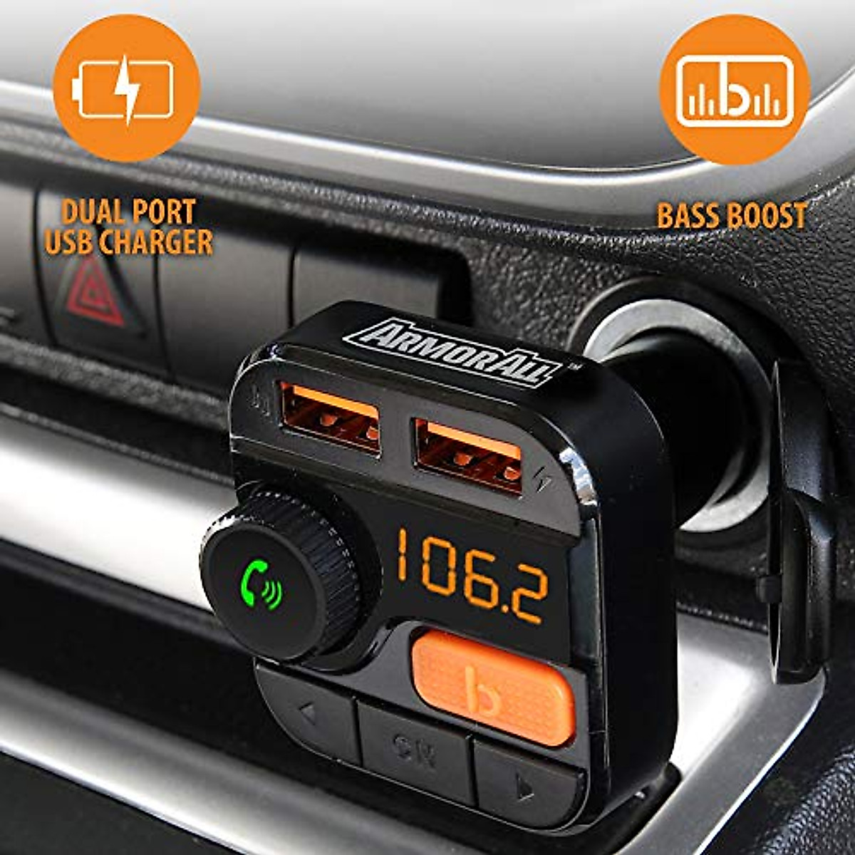Xtreme Digital Lifestyle Accessories Armor All Wireless Bluetooth FM Transmitter with Dual Port USB Charging, Voice Controls, Bass Boost, Hands-Free Calling and Music Streaming,Block,AHF9-1010-BLK