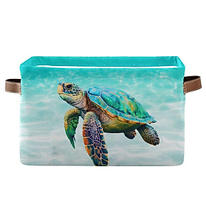 Sea Turtle Teal Large Storage Basket Cube Storage Bin Canvas Fabric Organizer Handles Collapsible Decorative for Clothes Toys Bedroom