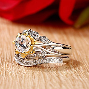 Jeulia 2 Carat Flower Engagement Ring Set for Women 14K Gold Plated Wedding Band Round Cut Cubic Zirconia Rings CZ Solitaire Engagement Rings (5)
