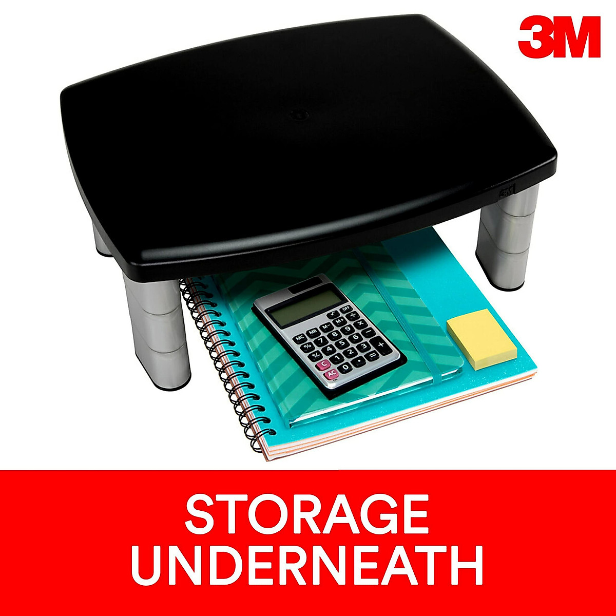 3M Adjustable Monitor Stand Riser, Three Leg Segments Simply Adjust Height, Sturdy Platform Holds Up to 80 lbs for Monitors, Laptops, and Printers, Space for Storage Underneath, Silver/Black (MS80B)