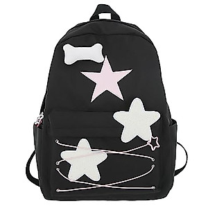 Cute Y2K Backpack Daily Use, Kawaii Aesthetic Harajuku Durable Shoulder Bag Daypack Bookbag Hiking Travel Backpack (black)