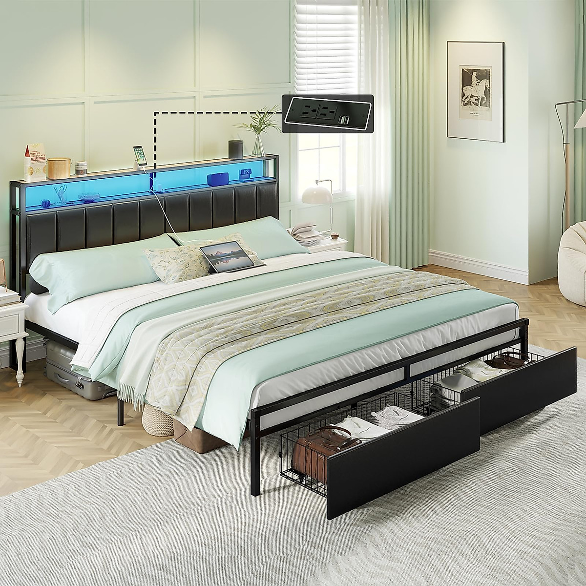 AMERLIFE LED Bed Frame with Drawers, King Platform Bed Frame with 2-Tier Storage & Leather Upholstered & Charging Station Headboard, No Box Spring Needed, Noise Free, Easy Assembly, Black