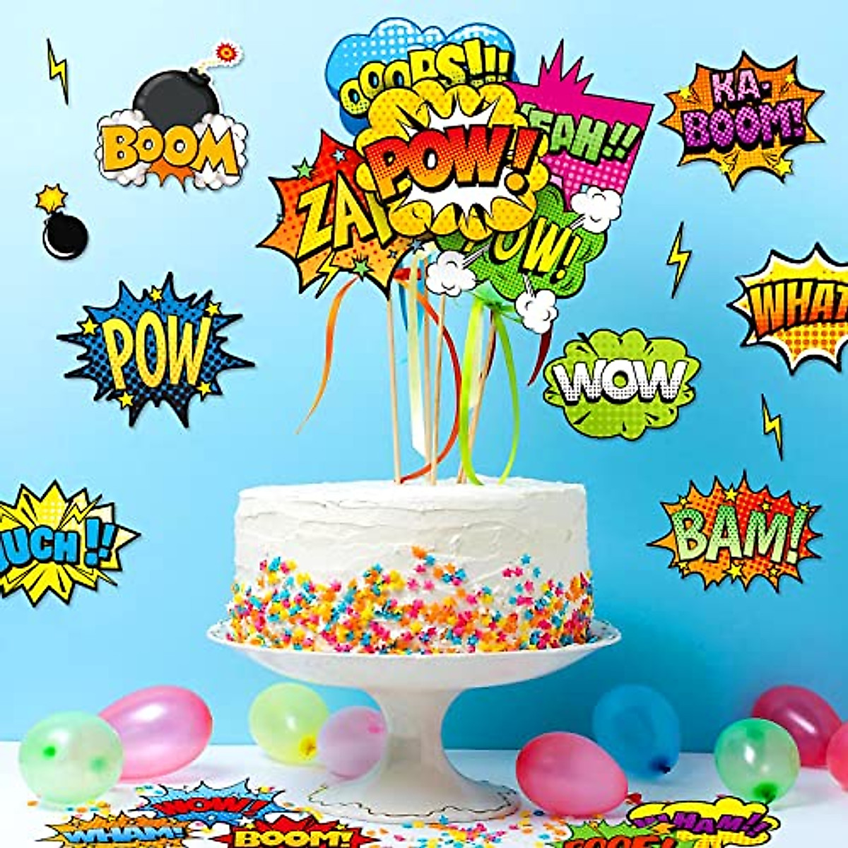 Superhero Cardboard Cutouts 36 Pack Hero Action Sign Cutouts Banner Decorations Garland for Kids Cartoon Superhero Baby Shower Celebrating Events Birthday Party Supplies Room Wall Decor