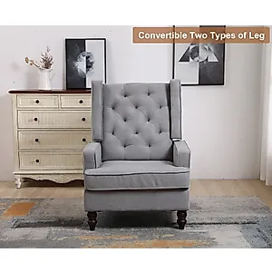 KINFFICT Convertible Accent Rocking Chair, Mid Century Glider Rocker for Baby Nursery, Modern Wingback Armchair for Living Room, Bedroom, Two Types of Leg, Light Gray