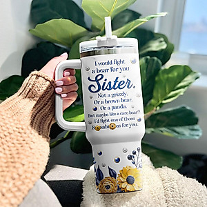 99WHALE Flower Light Handle White Yellow Tumblers From For Would Blue Cups Sisters Bear You Navy Fight, Tumbler 40 Oz With Handle Lid And Straw, Big Sis Carving Floral, Sister Gifts