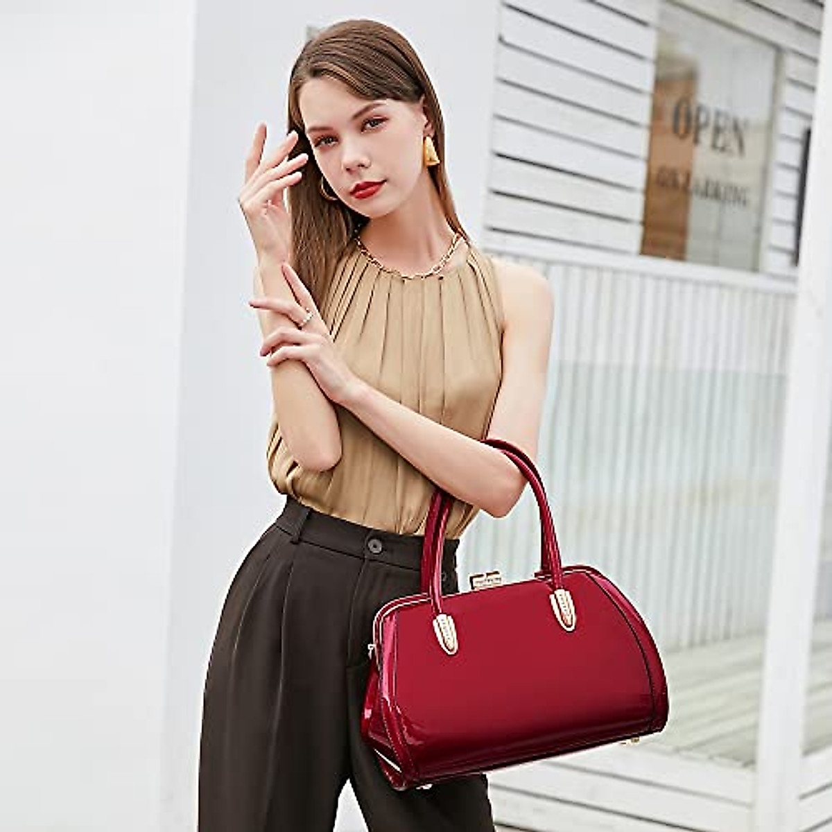 Style Strategy red purses patent handbags for women Top Handle with kiss lock Satchel Shoulder big bags leather crossbody for women