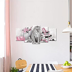 Kaloremore Black White Pink Fashion Leopard Canvas Wall Art Prints Glam High Heel Shoes Books Poster Giclee Prints Picture for Woman Bedroom Girl Gift Makeup Room Decoration
