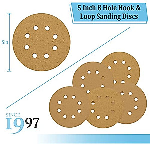 362X - 5 Inch 8 Hole Gold Sanding Discs, 10 Each of 80 120 220 320 400 Grit Sandpaper Discs, 50PCS Hook and Loop Orbital Sander Pads for Woodworking - D DMS DIMEISI
