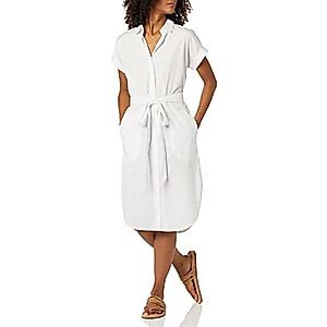 Amazon Essentials Women's Relaxed Fit Short Sleeve Button Front Belted Shirt Dress, White, Large