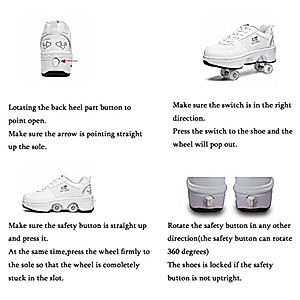 TAILORIA Double Row Roller Skate Roller Shoes Unisex Kick Roller Shoes Four Wheel Skateboard Shoes Children's Skates Detachable 2 in 1 Roller Skates White