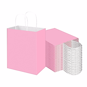 Toovip 100 Pack 8x4.75x10 Inch Medium Light Pink Kraft Paper Bags with Handles Bulk, Gift Wrap Bags for Favors Grocery Retail Party Birthday Shopping Business Goody Craft Merchandise Take Out Bags