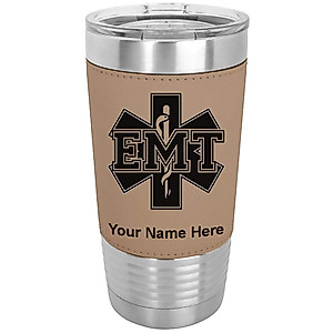 LaserGram 20oz Vacuum Insulated Tumbler Mug, EMT Emergency Medical Technician, Personalized Engraving Included (Faux Leather, Light Brown)