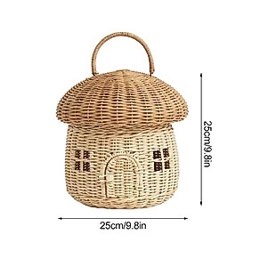 DADEA Mushroom Shape Rattan Storage Basket, Decorative Woven Purse with Lid, Wall Hanging Rattan Bag, Summer Bag, Mushroom Basket, Multiple Uses Rattan Purse for Photo Prop Room Decor(Mushroom)