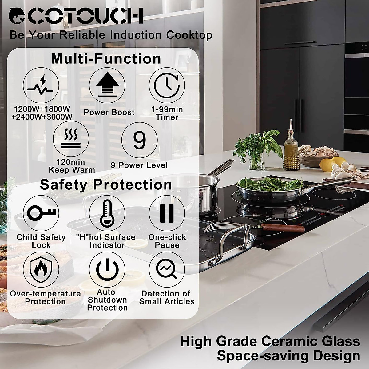 ECOTOUCH 4 Burner Induction Cooktop 30 inch with Booster,220-240v 7200W Built-in Glass Ceramic Electric Induction Burner,True High Power,Drop in Hot Plate 30" Induction Cooktop Hard Wire(No Plug)