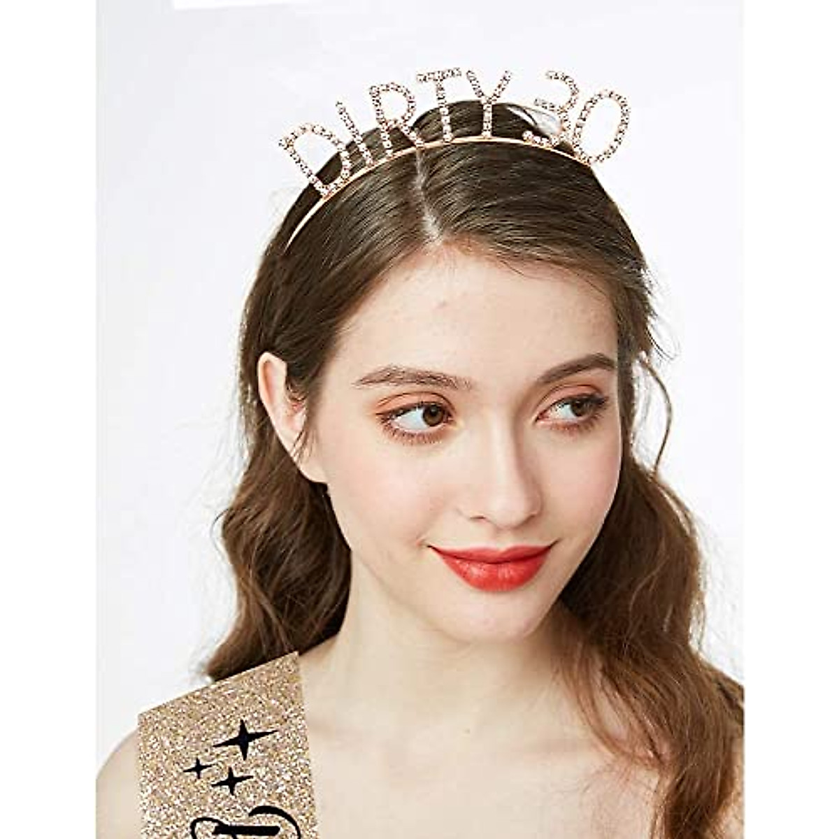 "Dirty Thirty" Sash & Rhinestone Headband Set - Thirty Birthday Sash - 30th Birthday Gifts Birthday Sash for Women Birthday Party Supplies (Gold Glitter/Black) - Sash for Birthday Parties