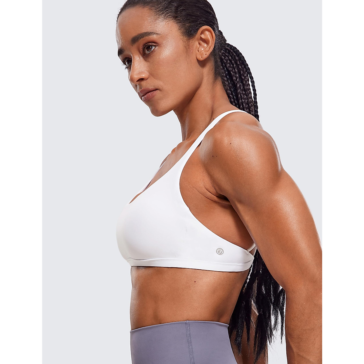 CRZ YOGA Womens Strappy Sports Bra - Criss Cross Back Padded Medium Support Wireless Gym Cami Workout Yoga White Medium
