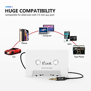 Elook Car Cassette Aux Adapter, 3.5mm Universal Audio Cable Tape Adapter for Car, Phone, MP3 ect. White