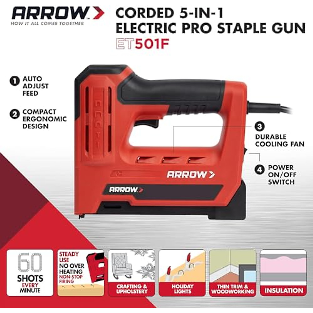 Arrow ET501F Corded 5-in-1 Professional Electric Staple and Nail Gun, Wire Stapler, and Brad Nailer for Upholstery, Framing, Insulation, Crafts, Fencing, and Cable, Black/Red