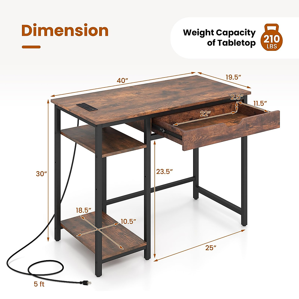 Tangkula Computer Desk with Charging Station, 40” Industrial Home Office Desk with Drawer & Adjustable Shelf, Compact Computer Workstation with CPU Stand & Headphone Hooks, Study Writing Desk
