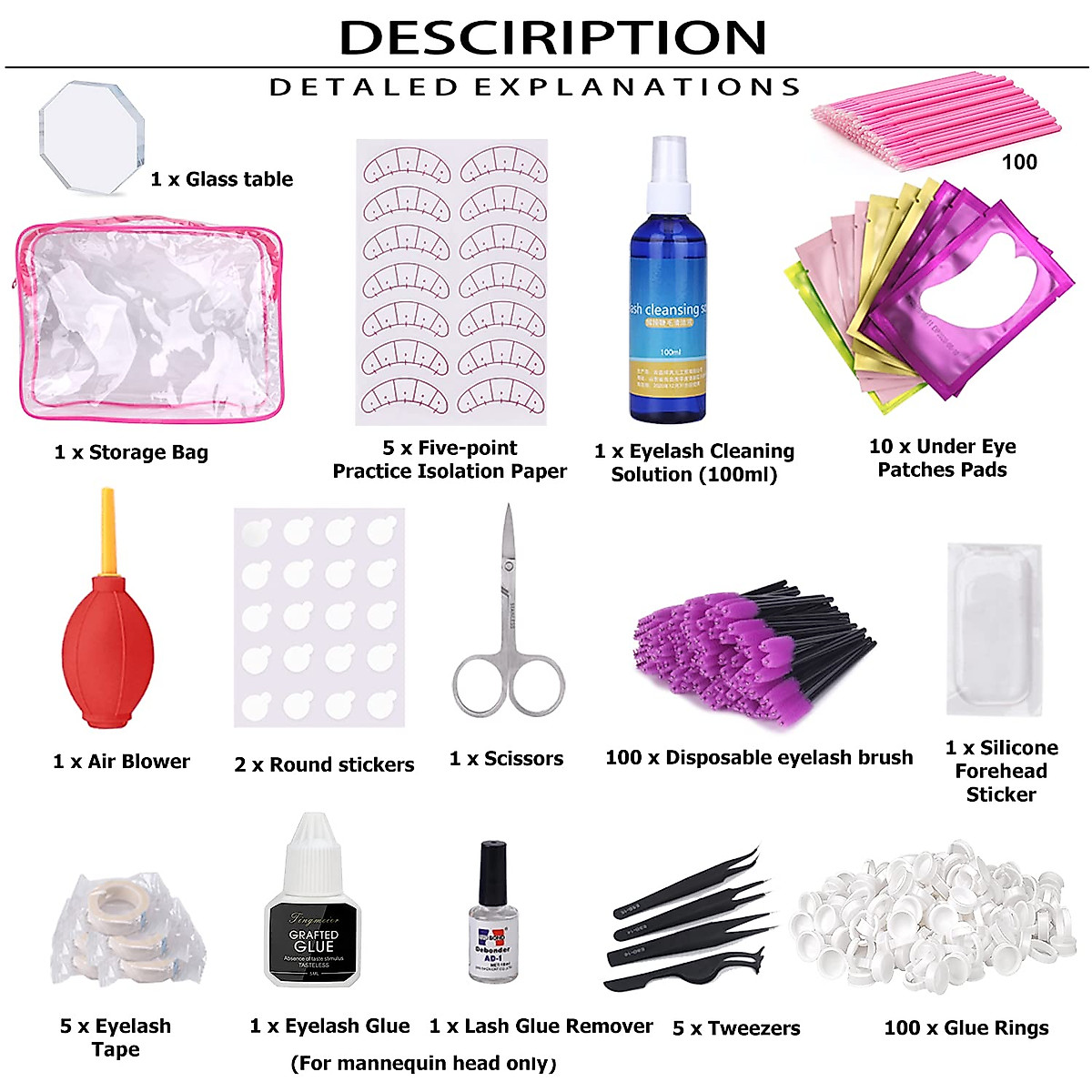 Pro 335Pcs Lash Eyelash Extension Kit, Mcwdoit Professional Lash Practice Kit with Flat Mannequin Head, Training Makeup Eye Lashes Grafting