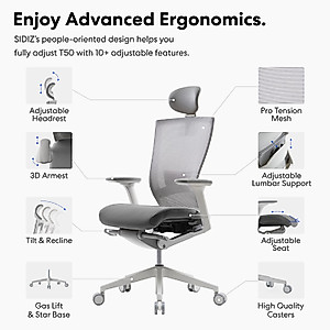 SIDIZ T50 Ergonomic Home Office Chair : High Performance, Adjustable Headrest, 2-Way Lumbar Support, 3-Way Armrest, Forward Tilt, Adjustable Seat Depth, Ventilated Mesh Back, Cushion Seat (Gray)