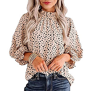 Avanova Women's Leopard Printed Ruffle Hem 3/4 Sleeve Mock Neck Elegant Work Blouses Top Beige Small