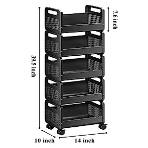 5 Tier Rolling Cart, Stackable Metal Kitchen Storage Cart with Wheels, Black